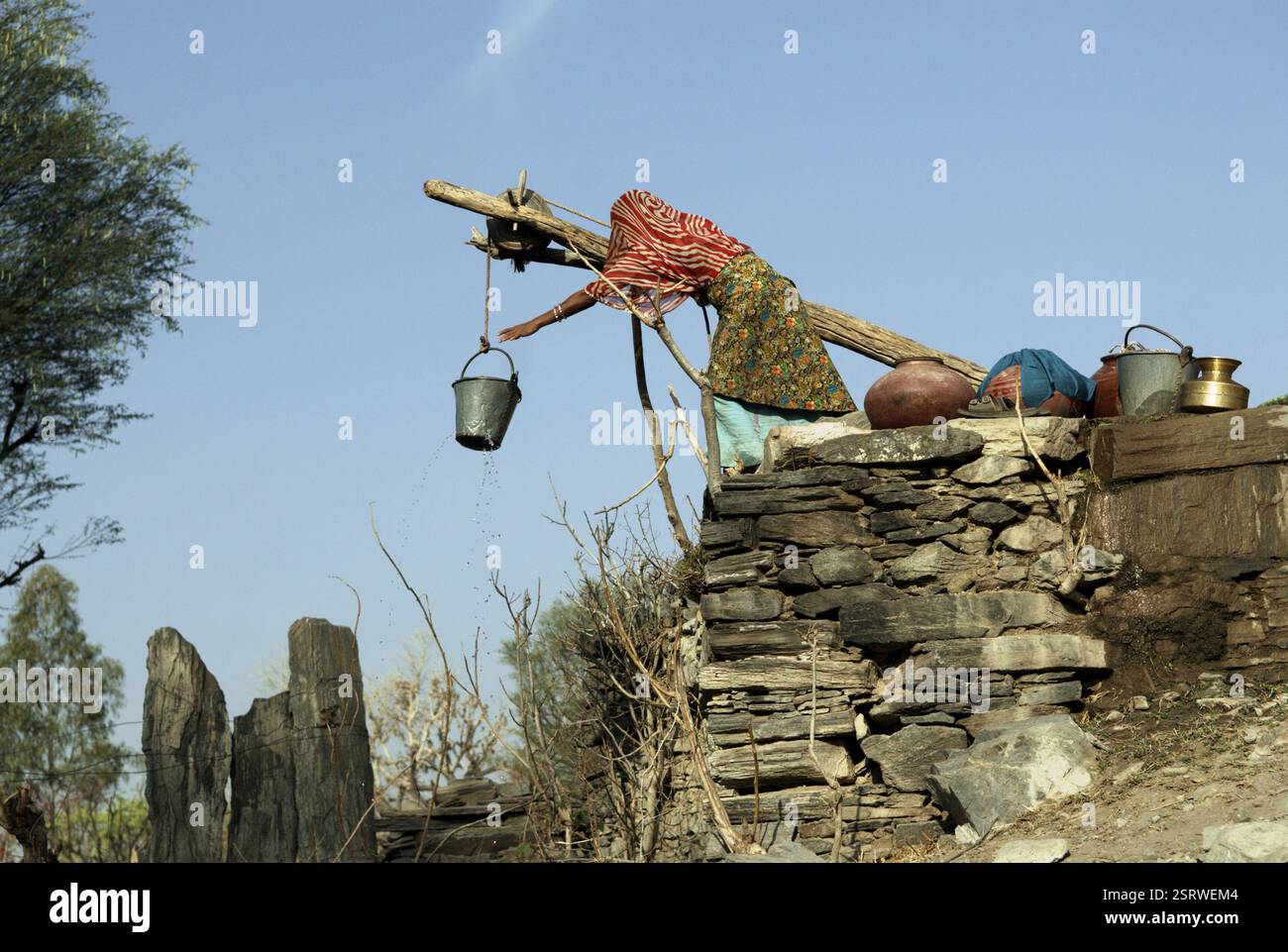 Rajasthani lady fetch drinking water from well, Rajasthan, India, Asia ...