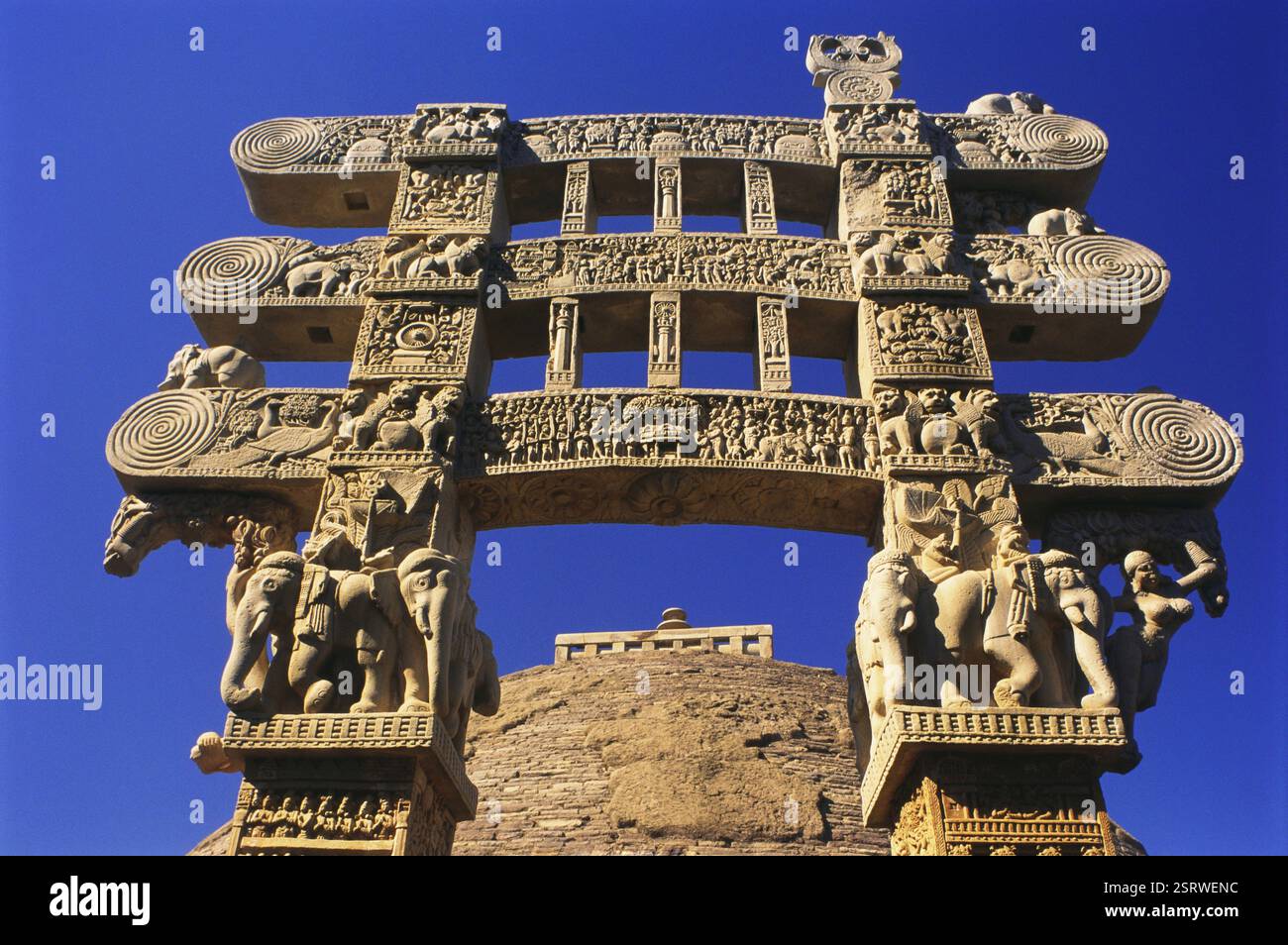 Carved gate of Sanchi Stupa (East), Madhya Pradesh, India, Asia Stock ...