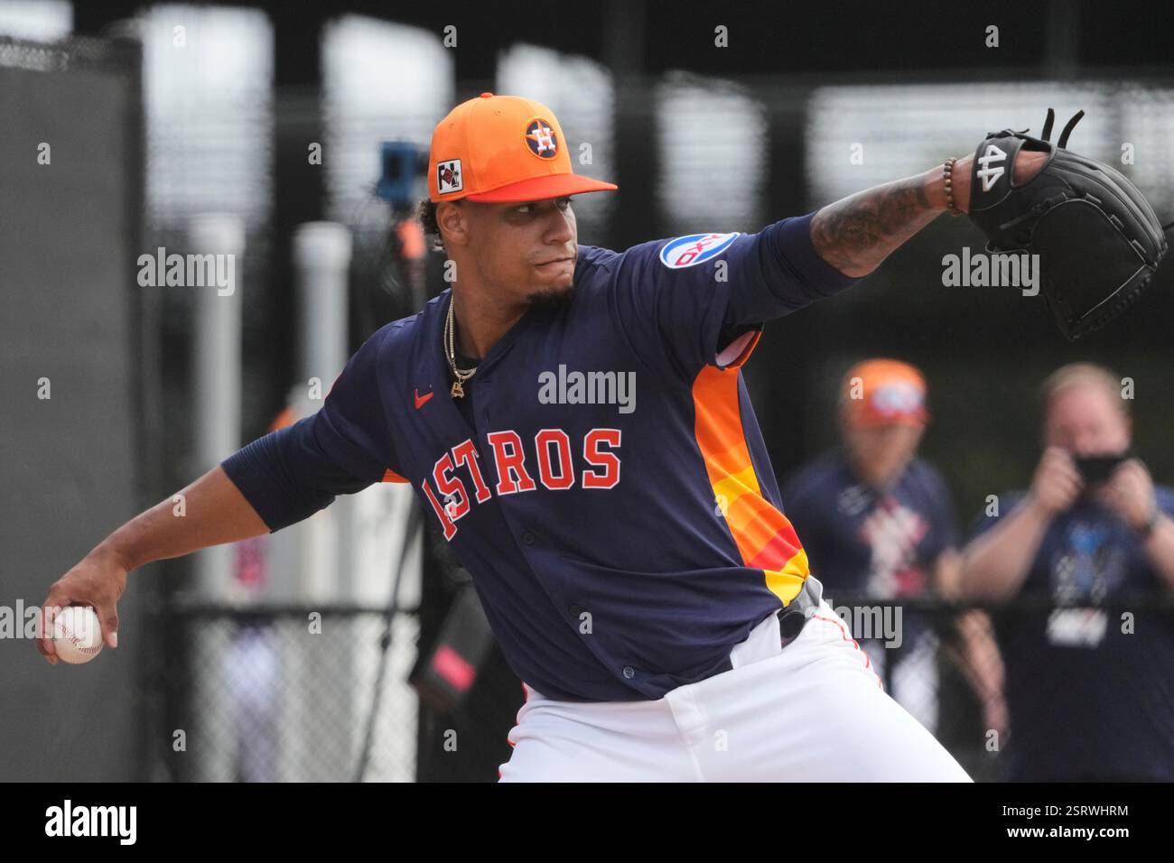 Houston Astros pitcher Bryan Abreu throws a bullpen session during a ...