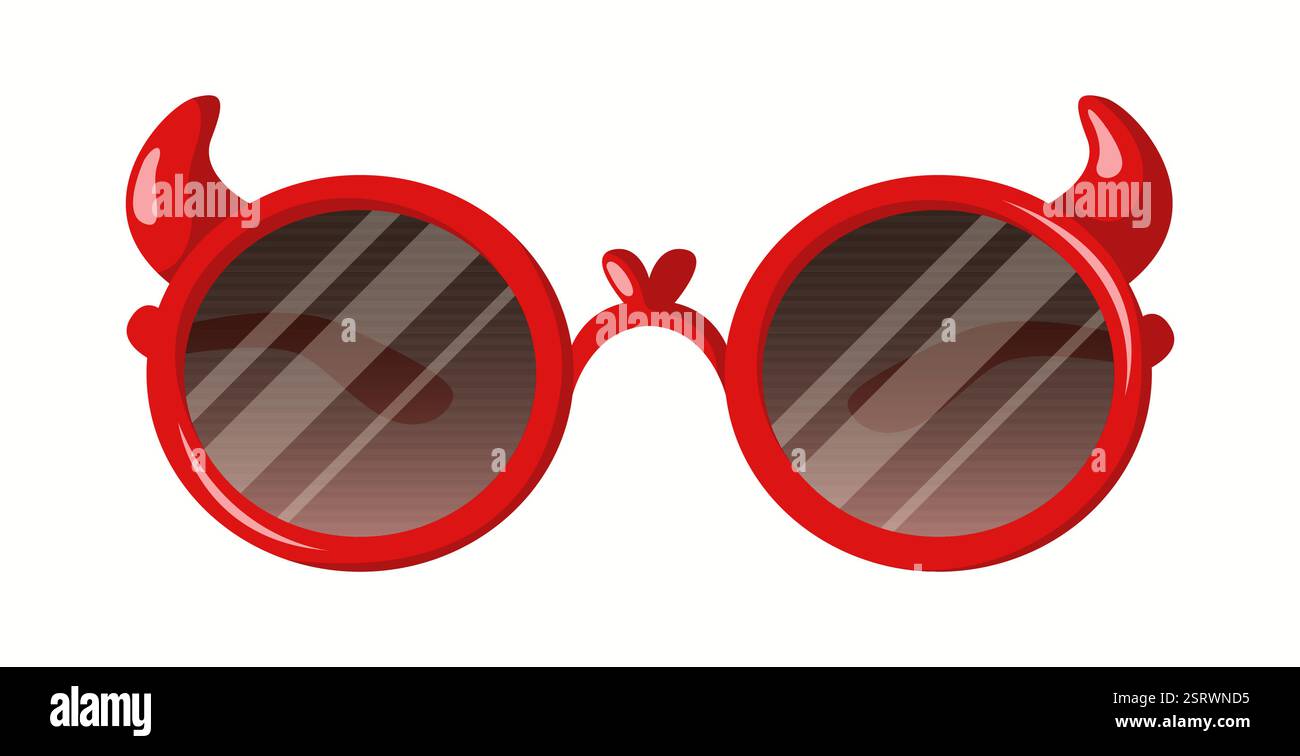 Unique devil-themed sunglasses with a bold red frame, round dark lenses ...