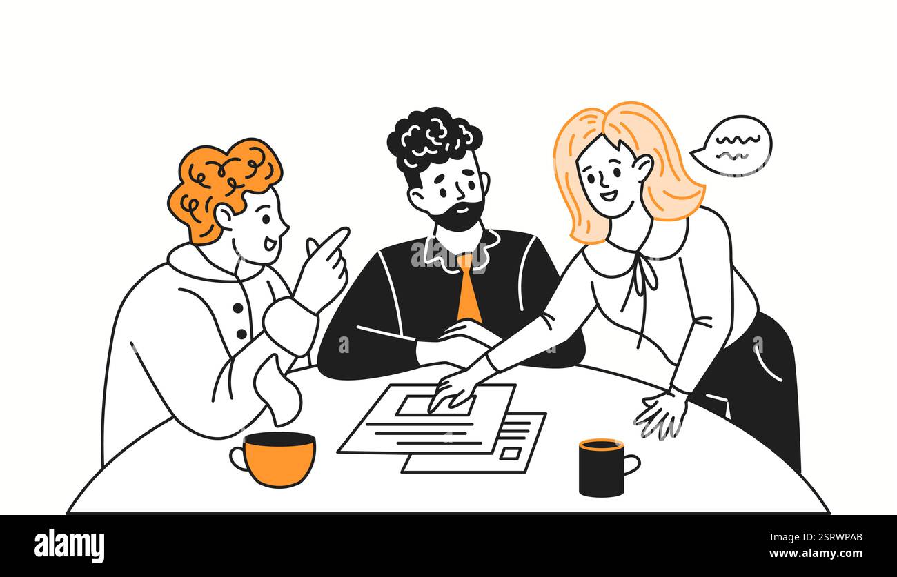 Coworkers solve business tasks at desk in office orange color linear ...