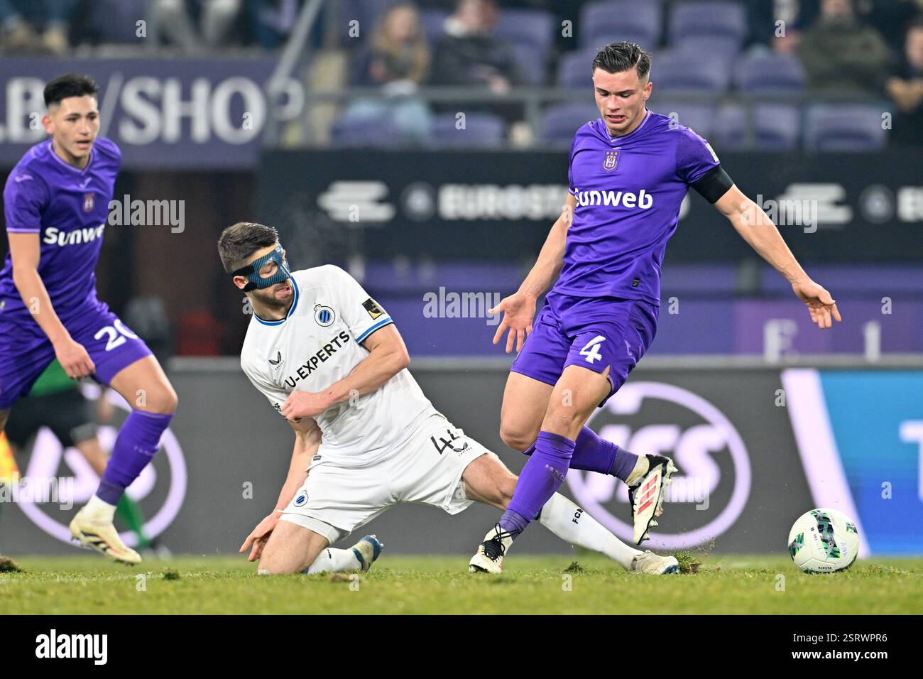 Anderlecht, Belgium. 12th Jan, 2025. Brandon Mechele (44) of Club Brugge fighting for the ball ...