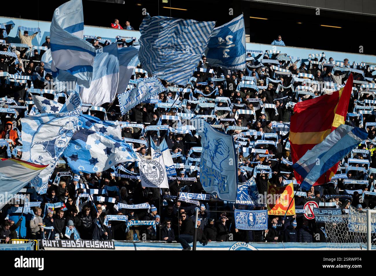 Malmoe, Sweden. 16th Feb, 2025. Football fans of Malmoe FF seen on the ...