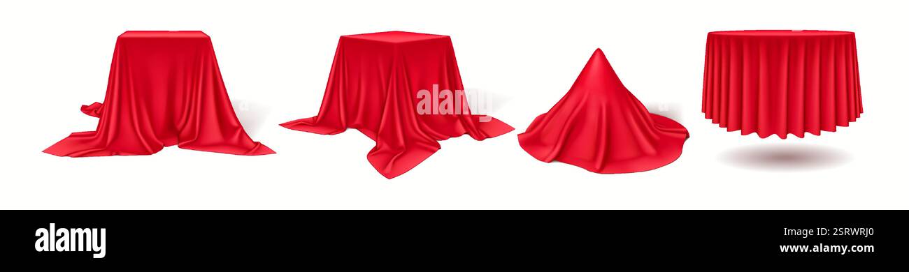 Red silk and satin fabrics draping forming shapes realistic color icons ...