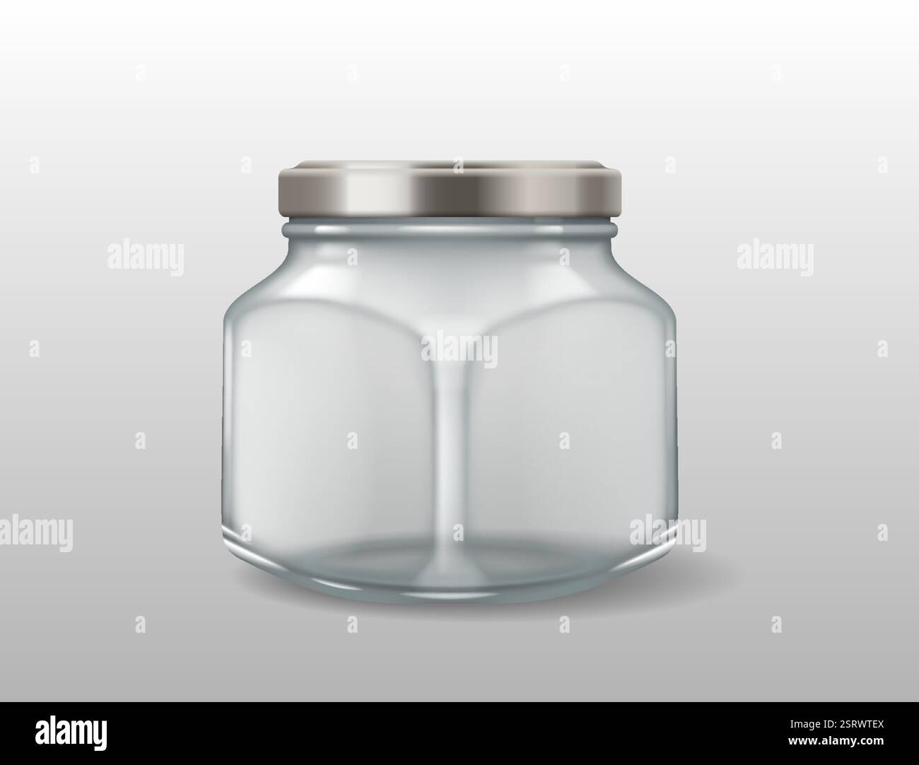 3D realistic illustration of a hexagonal glass jar with a silver metal ...