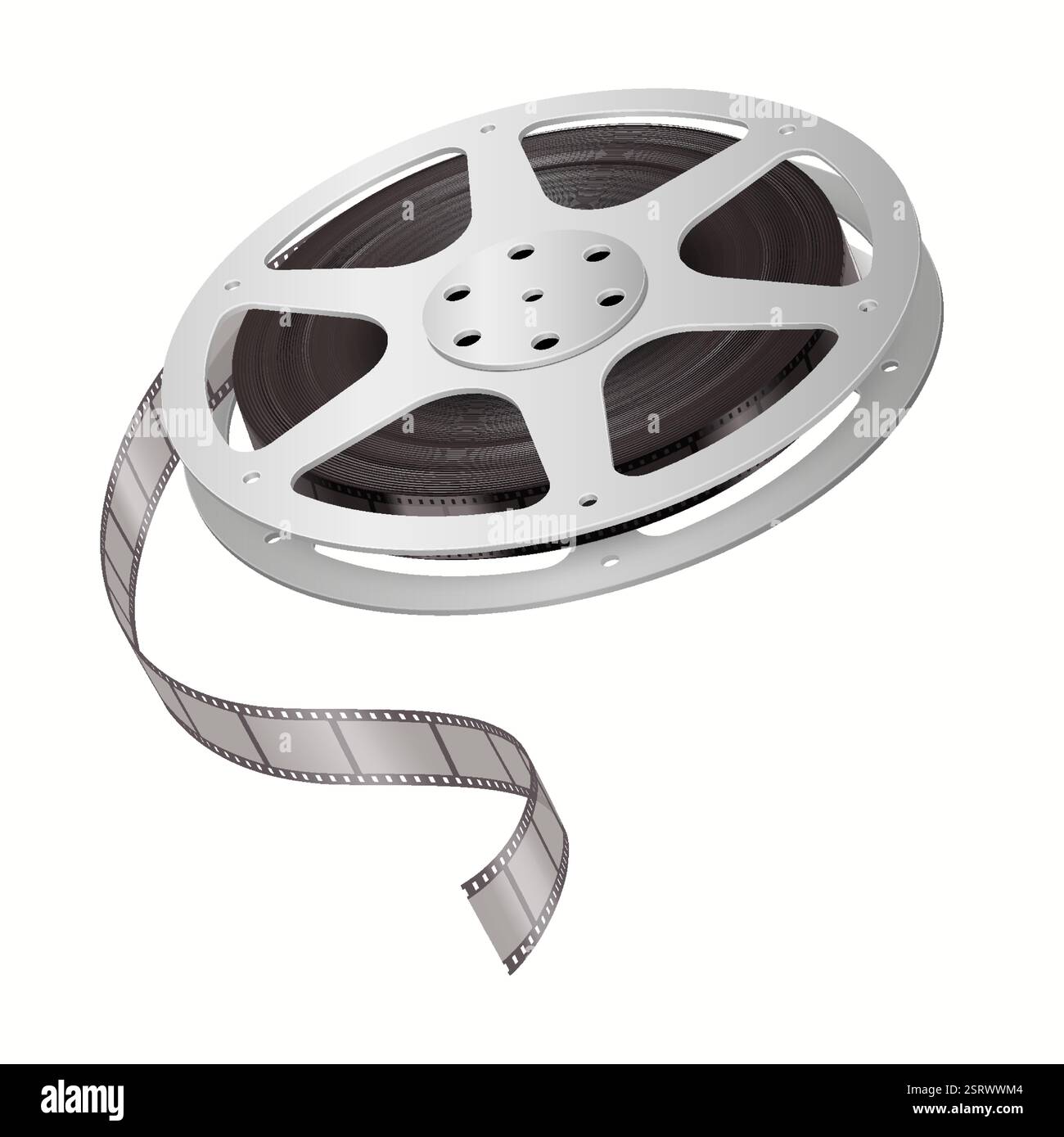 3D illustration of a silver film reel with an unwinding strip of film ...
