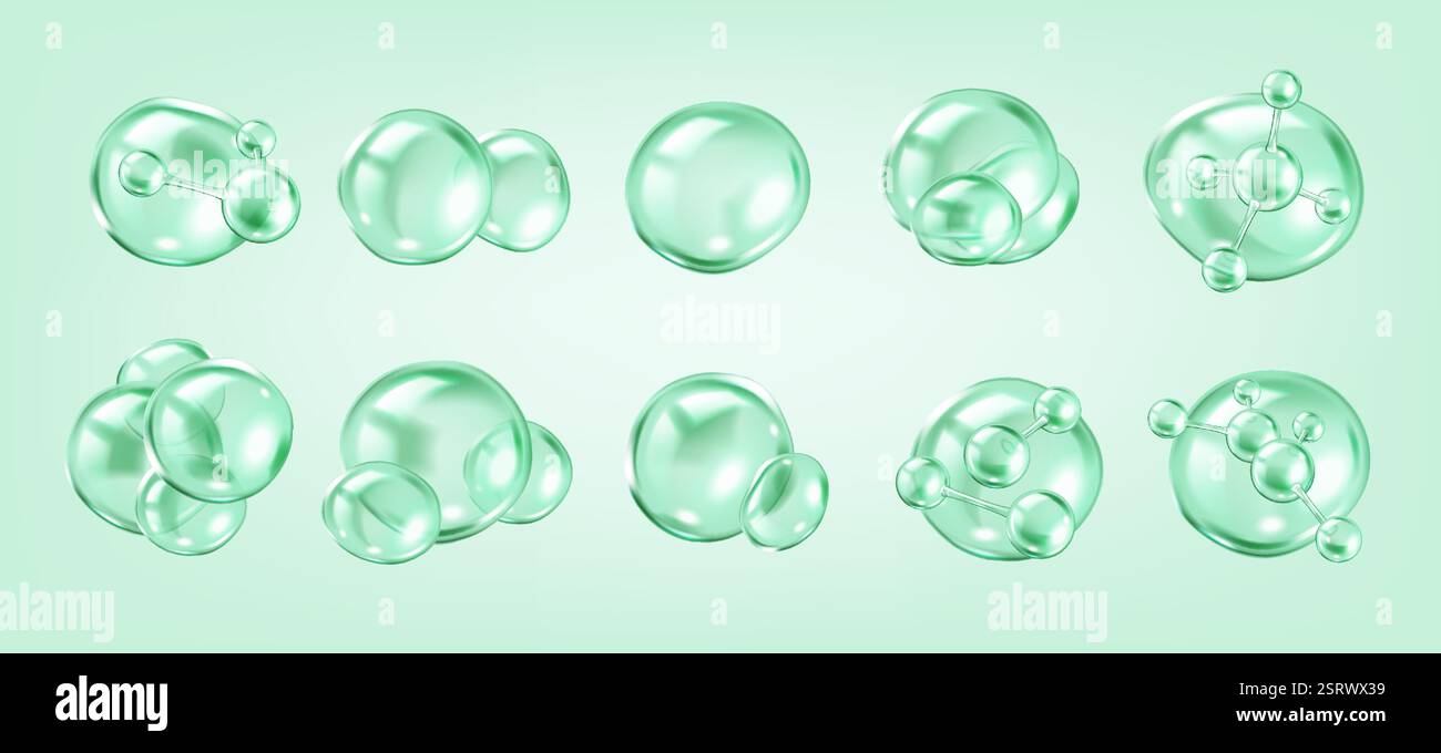 Collagen molecules bouncing inside transparent bubbles realistic color ...