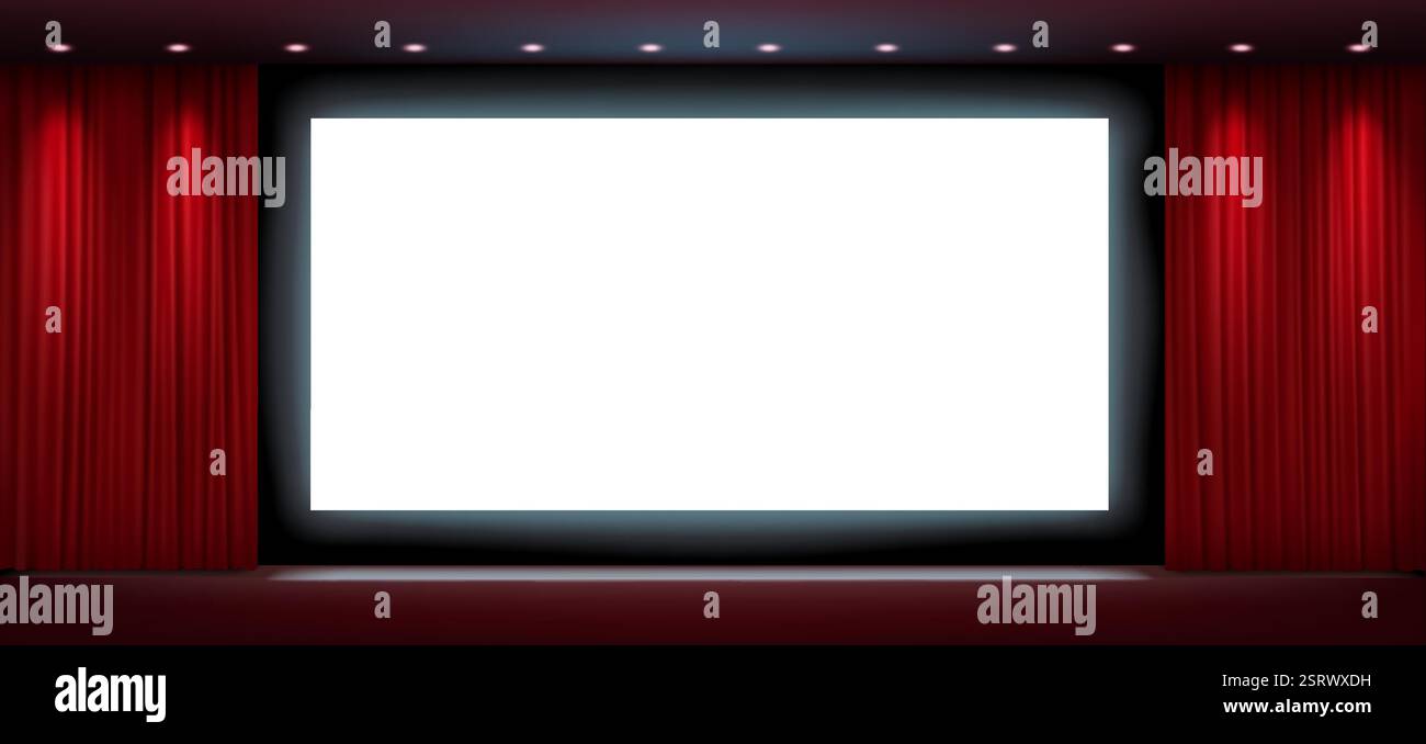 A realistic 3D vector illustration of a large cinema screen with a ...