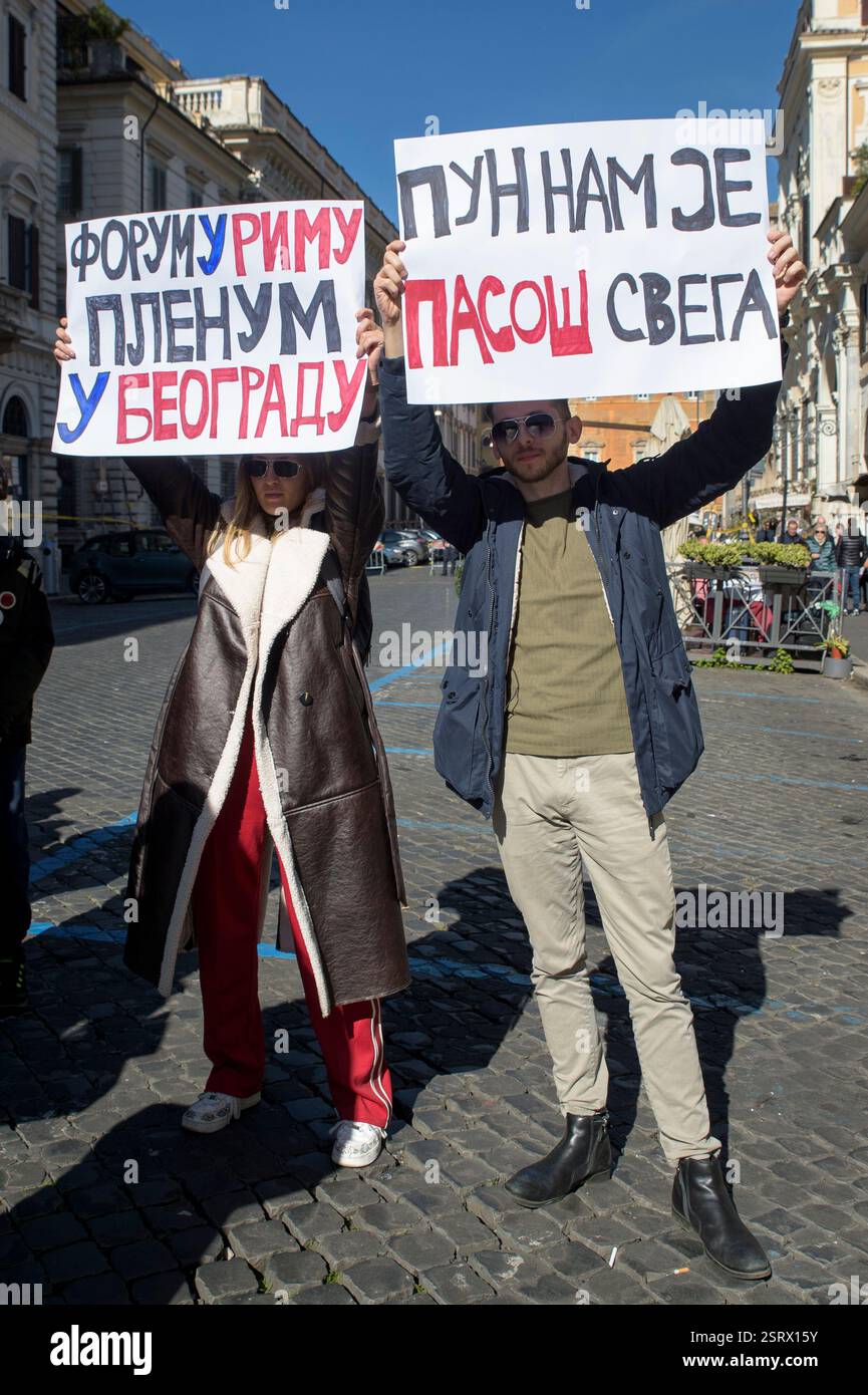 February 16, 2025, Rome, Italy: Protesters from Serbia hold signs in ...