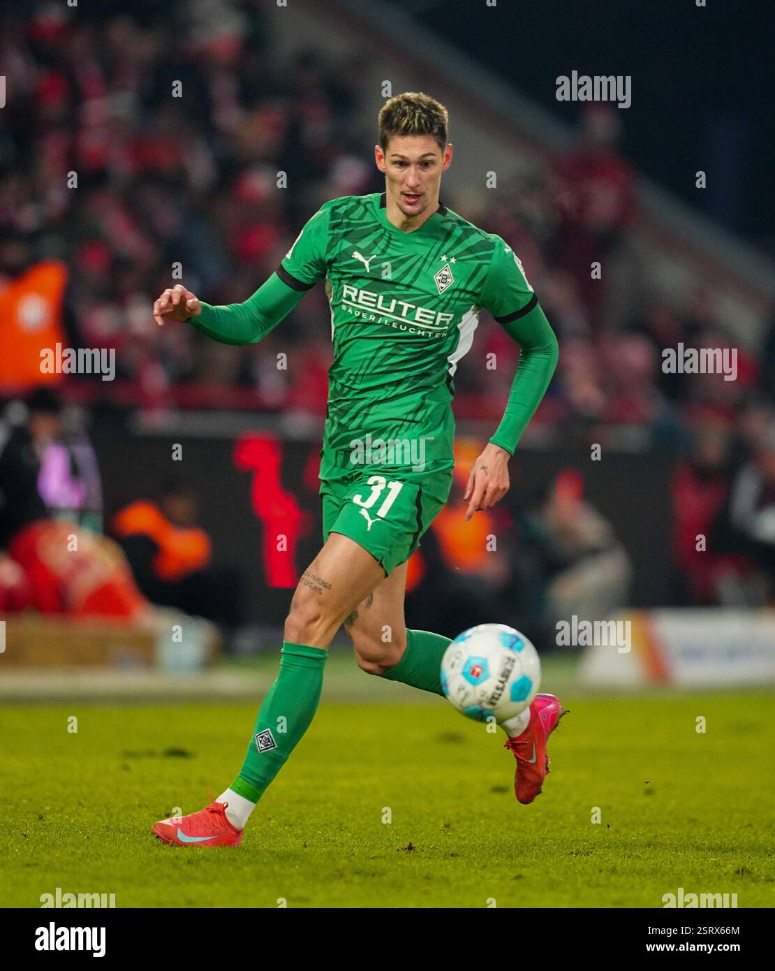 February 15 2025: Tomas Cvancara of Borussia MÃ¶nchengladbach controls ...