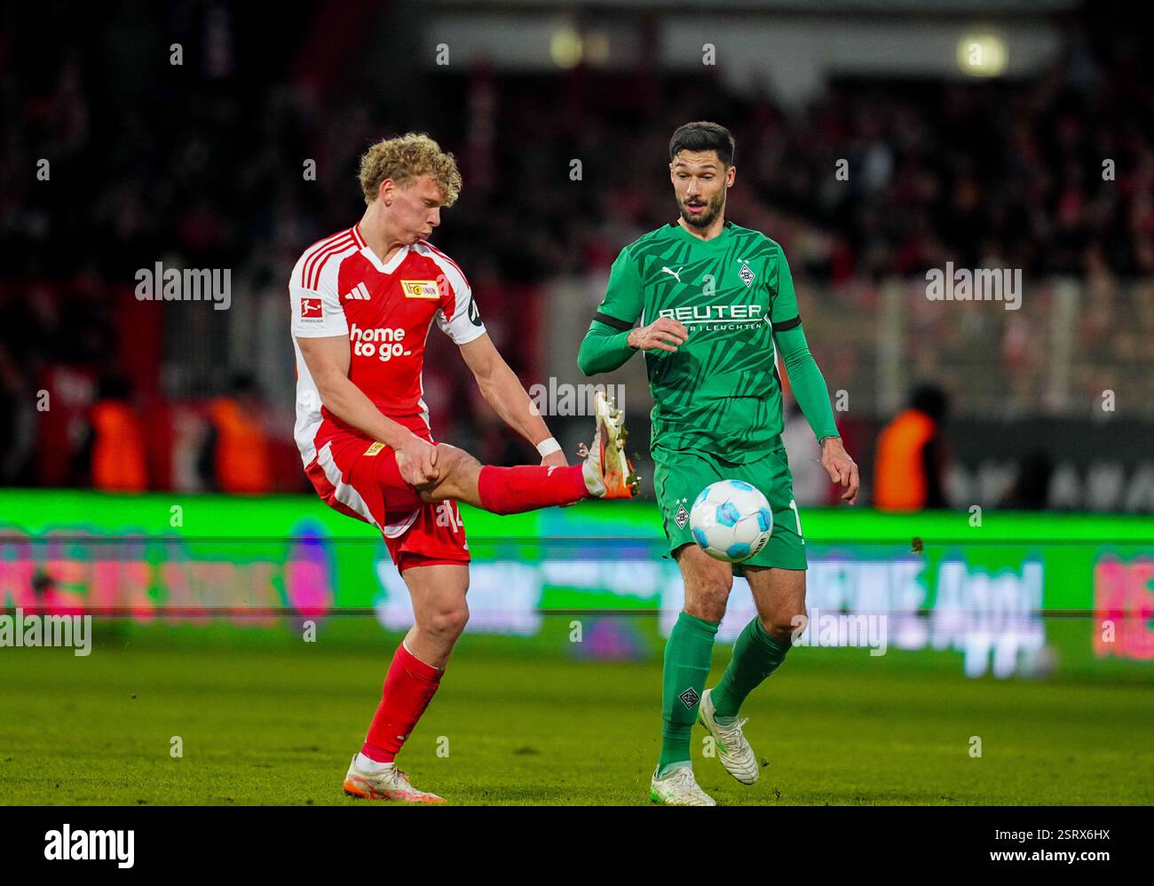 February 15 2025: Leopold Querfeld of 1.FC Union Berlin controls the ball during a 1. Bundesliga ...