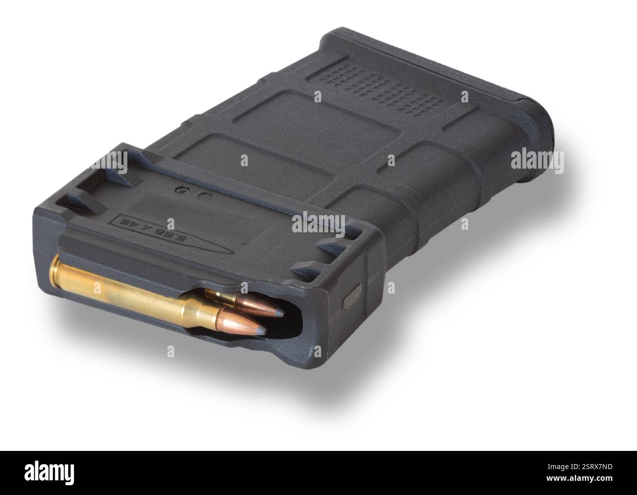 Loaded plastic rifle magazine for 5.56 caliber ammuniition with a ...