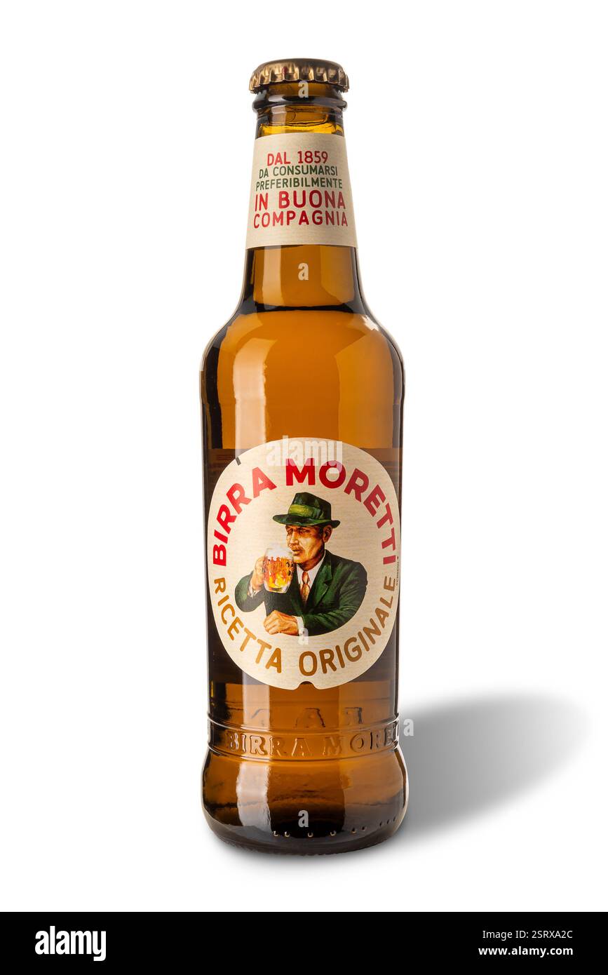 Italy - February 16, 2025: Brown glass bottle of Birra Moretti Ricetta ...