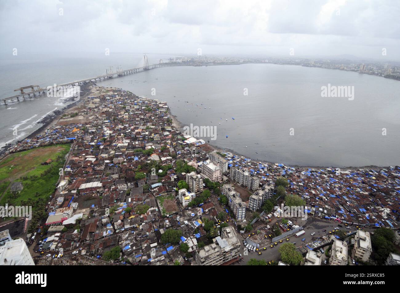 Aerial view of worli slum with bandra worli rajiv gandhi sea link, Bombay Mumbai, Maharashtra ...