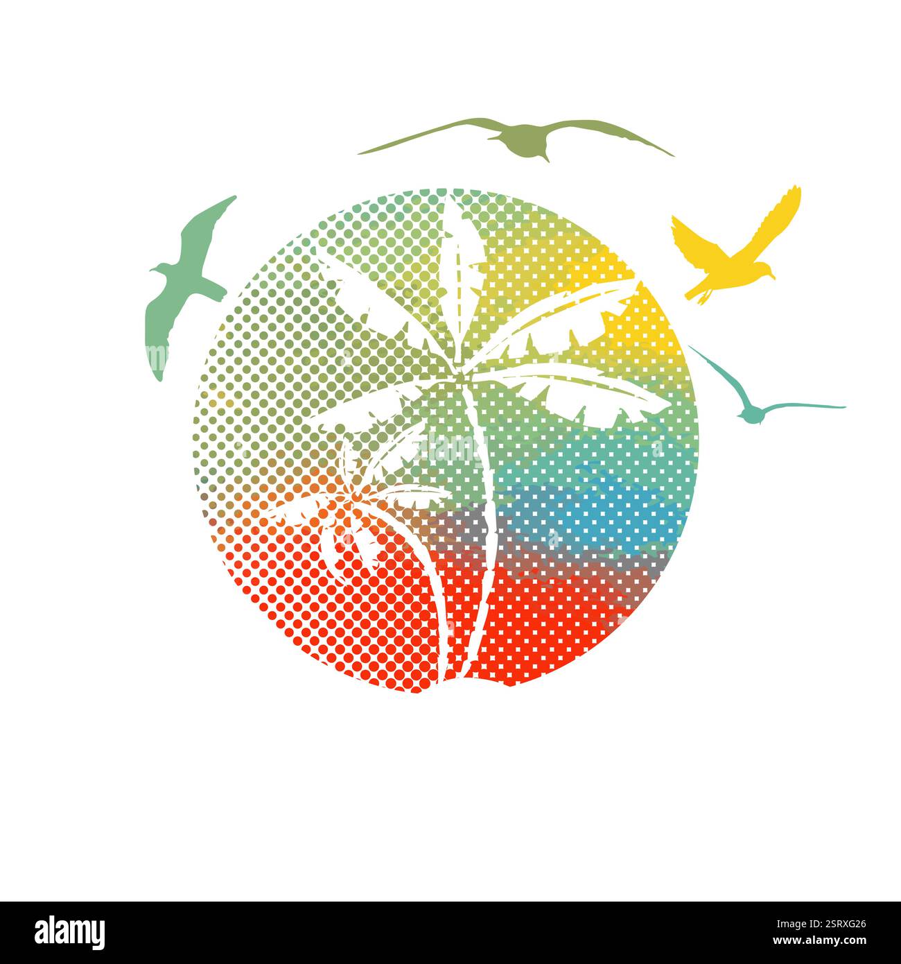 Abstract palm tree in a circle at sunset. Circle icon with tropical ...