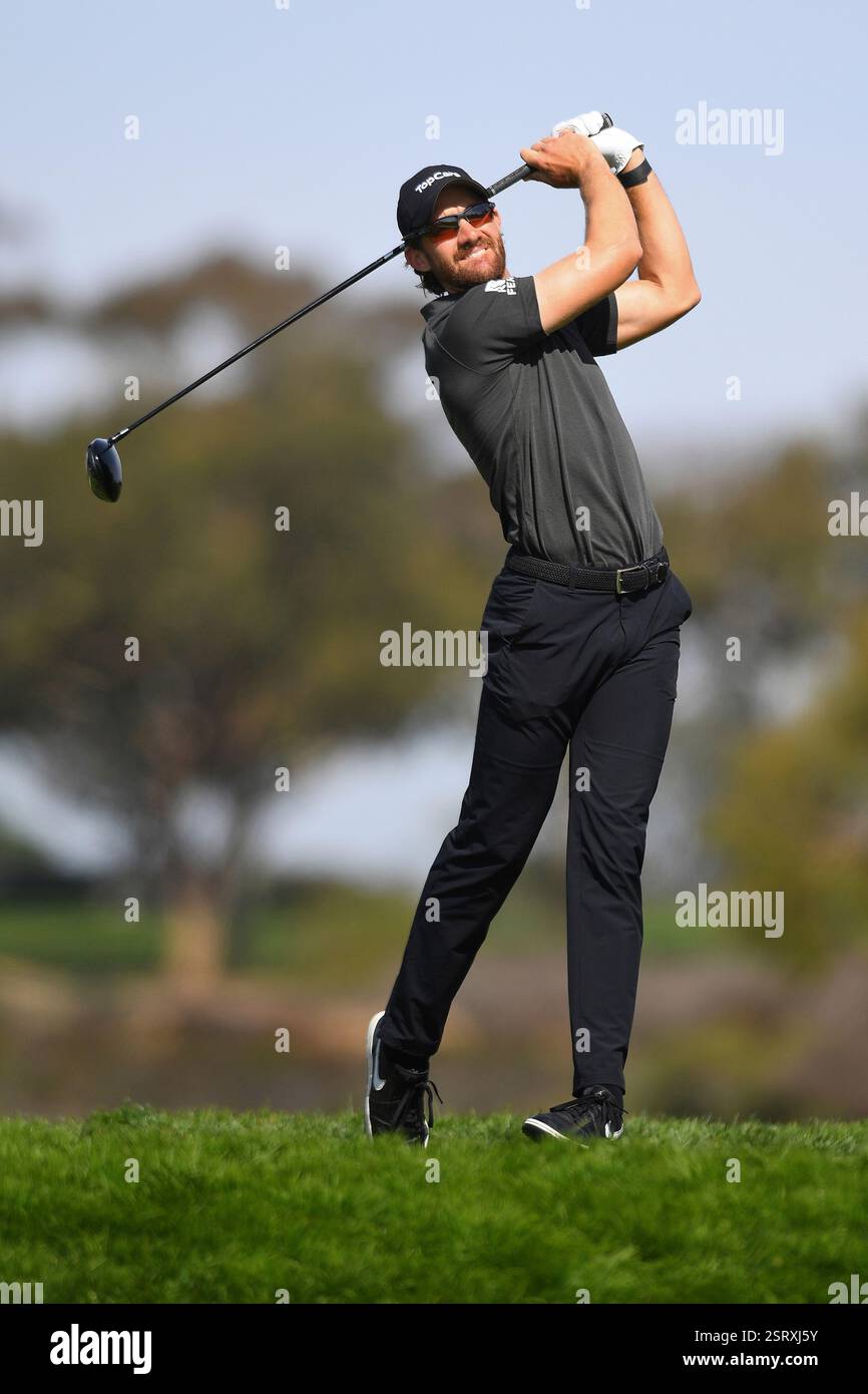 LA JOLLA, CA - FEBRUARY 16: Patrick Rodgers follows his shot from the ...