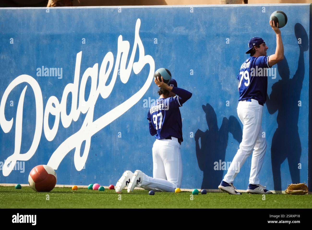Los Angeles Dodgers pitcher Jose Rodriguez (97) and pitcher Nick Frasso ...