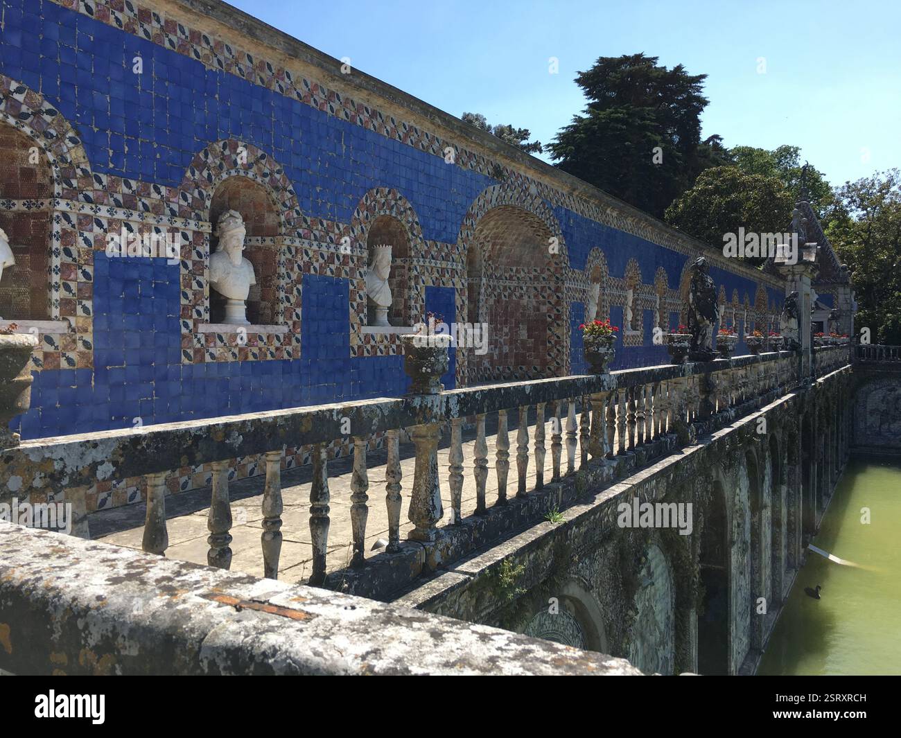 Palácio dos Marqueses de Fronteira. Blue and white tiled wall with ...