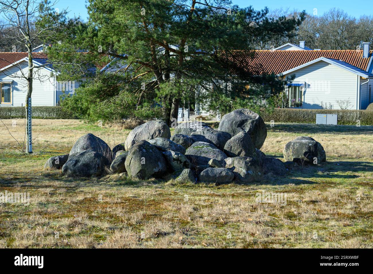 A collection of large rocks occupies a grassy area, bordered by trees ...