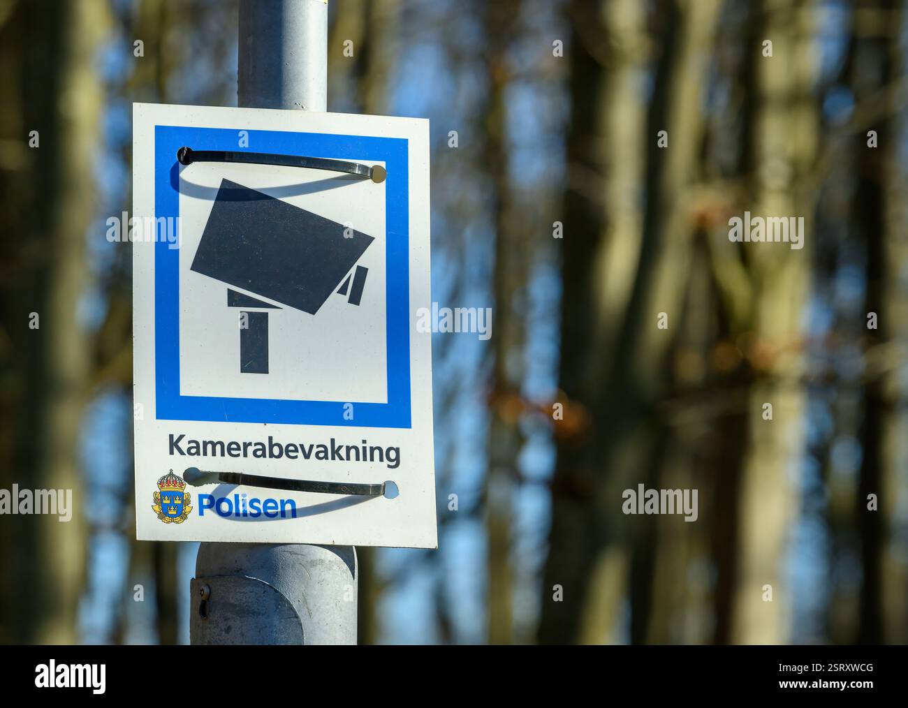 A surveillance camera warning sign is attached to a pole in a wooded ...