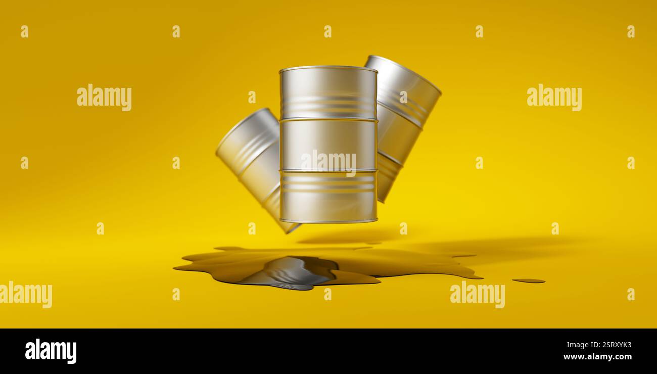 Three silver metal oil barrels fly over spilled puddle of crude oil on ...