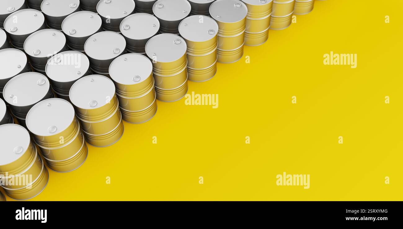 Top view on rows of silver metal oil barrels on yellow background with ...