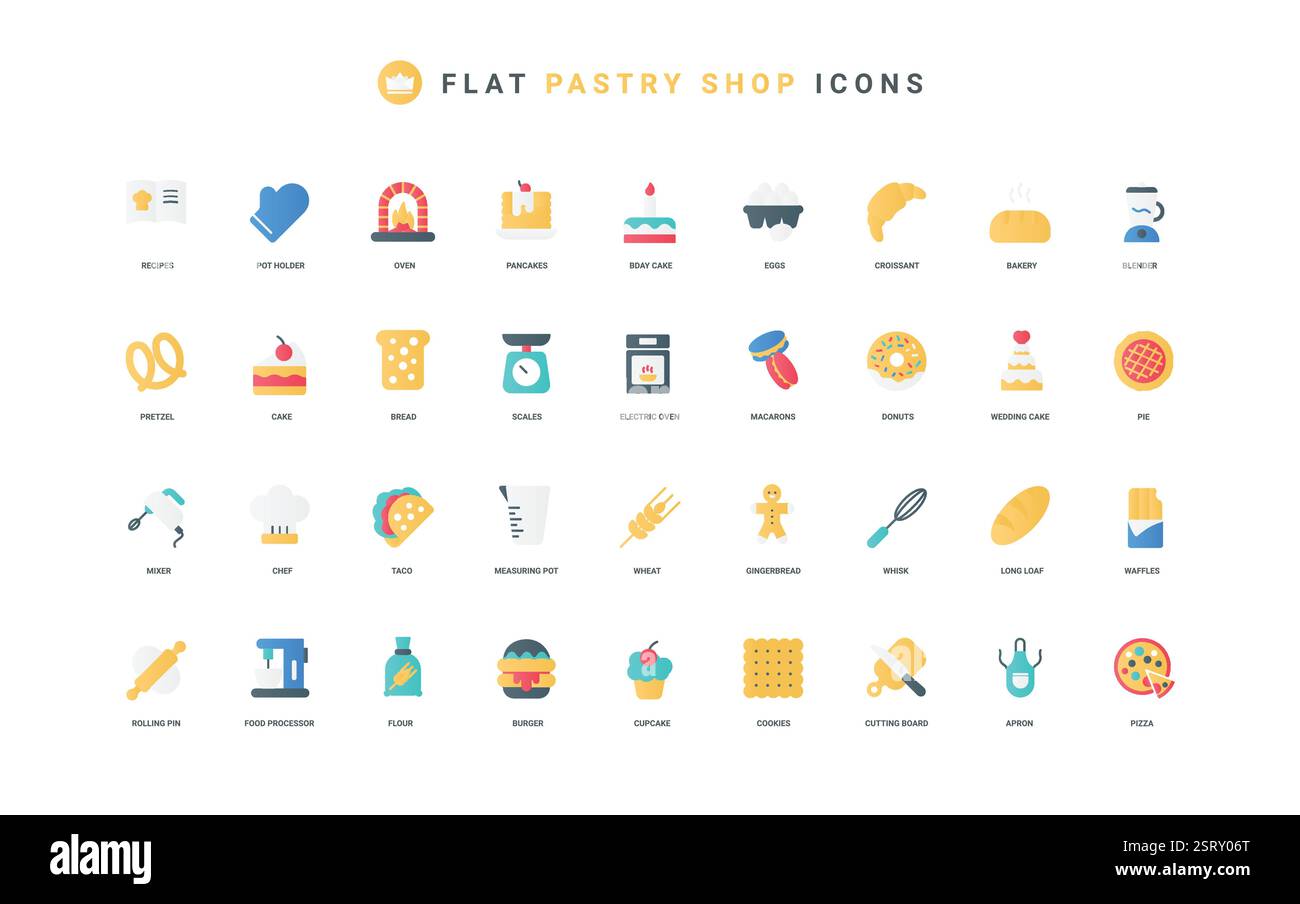 Pastry shop and bakery, dessert of confectionery color icon set. Chefs recipe, oven and tools to ...