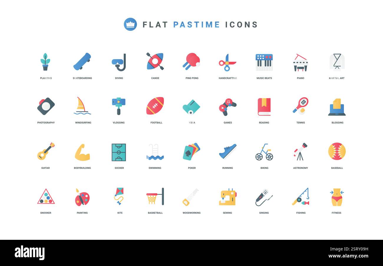 Hobby, weekend leisure and sport game, music and photography color icon ...