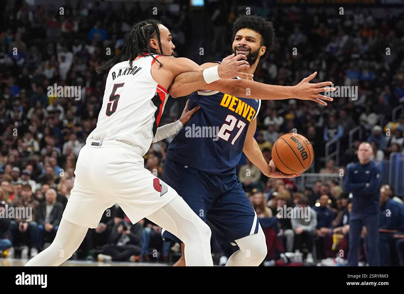 Denver Nuggets guard Jamal Murray (27) and Portland Trail Blazers guard ...
