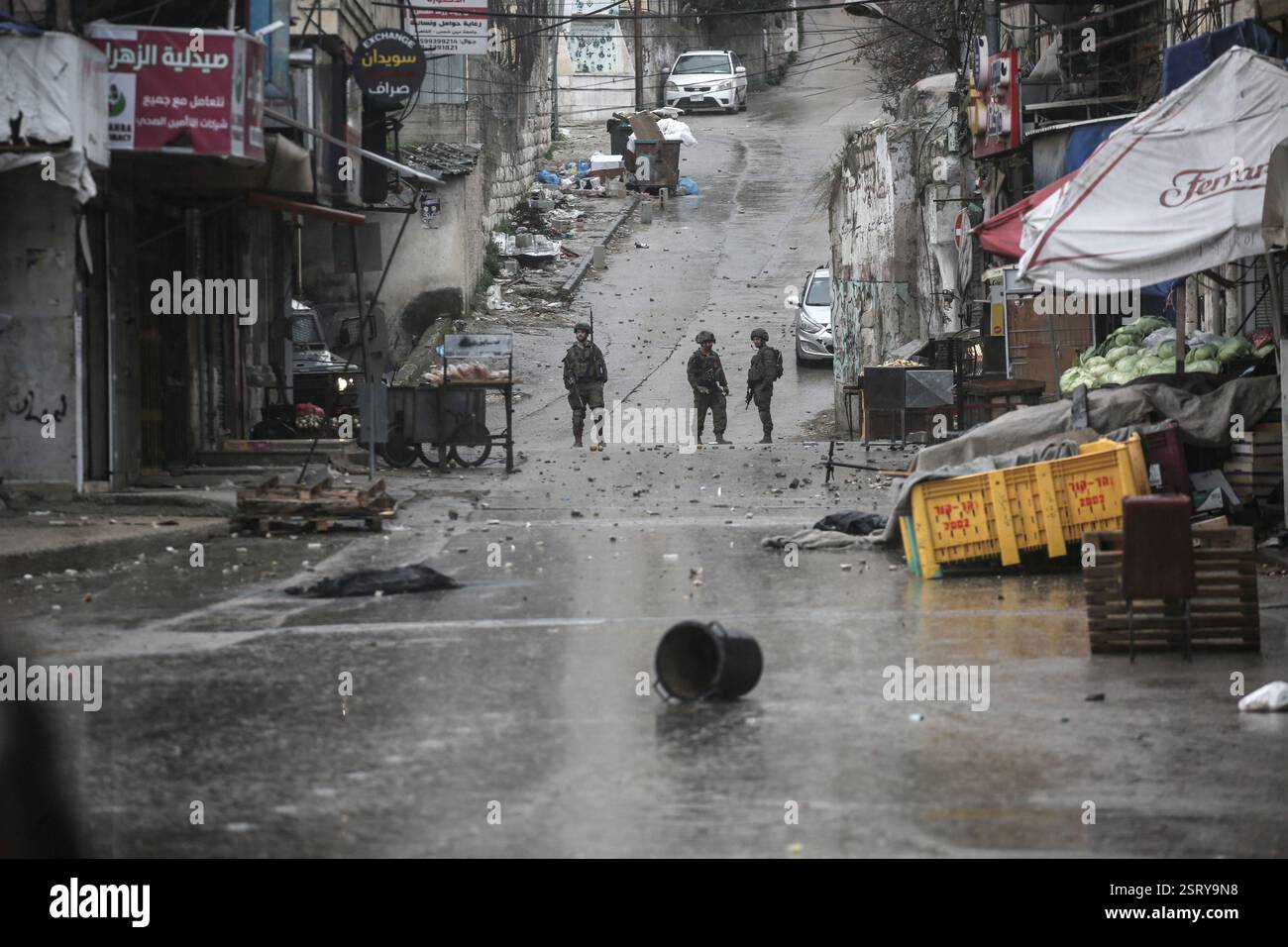 Nablus, Palestine. 16th Feb, 2025. Israeli military soldiers close the ...