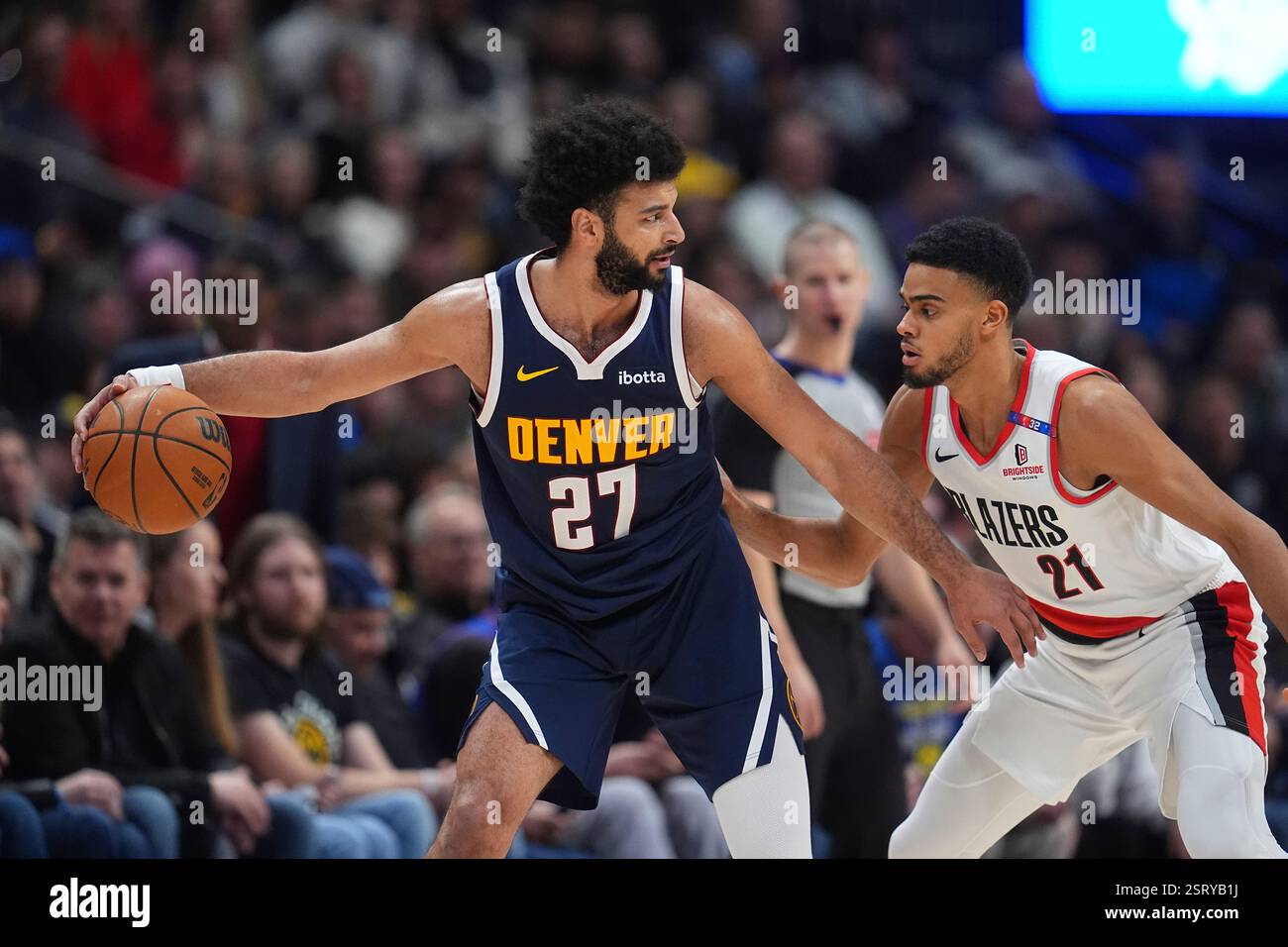 Denver Nuggets guard Jamal Murray (27) and Portland Trail Blazers guard ...