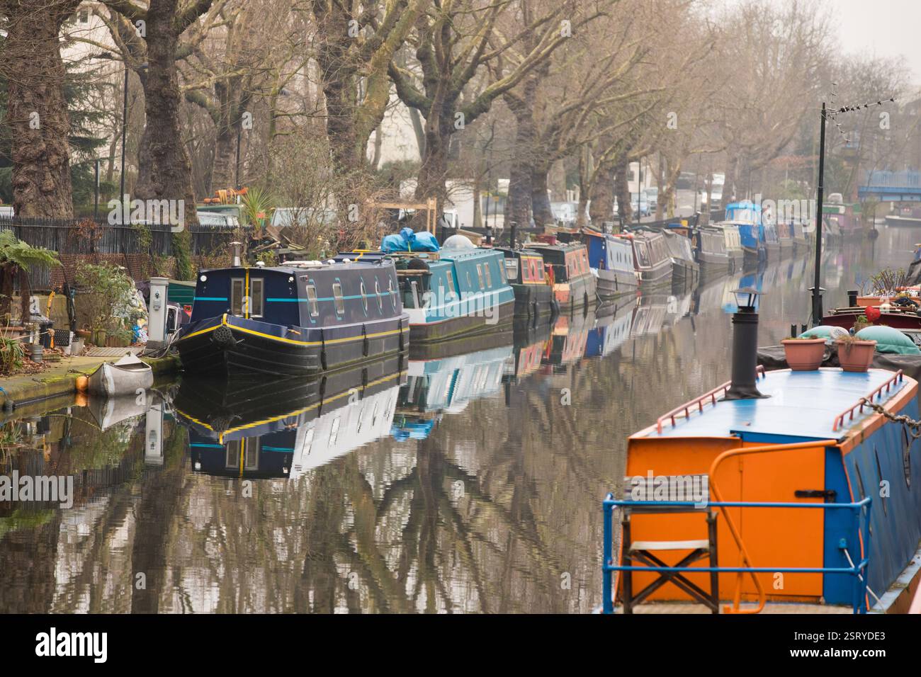 Winter scene of canal boats at Little Venice in London from Blomfield ...