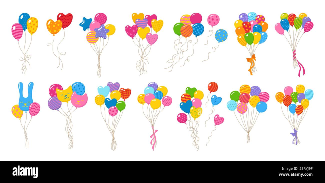 Bundle patterned balloons set illustration. Cartoon various shaped and ...