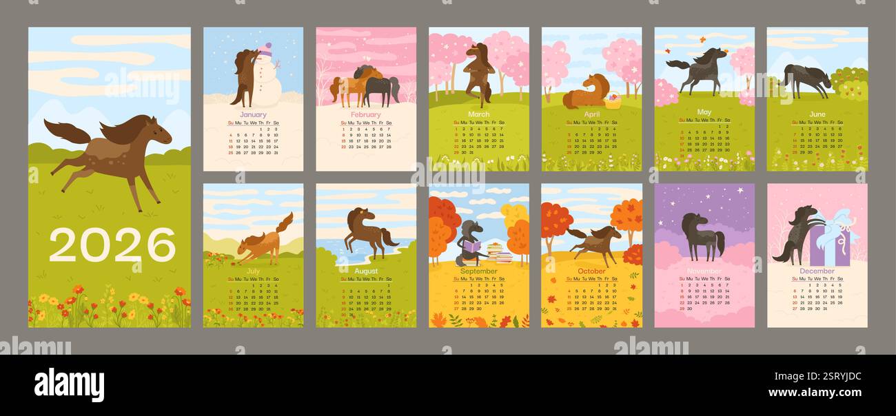 Horse mascot Calendar 2026 vertical template. Wall calendar with mare ...