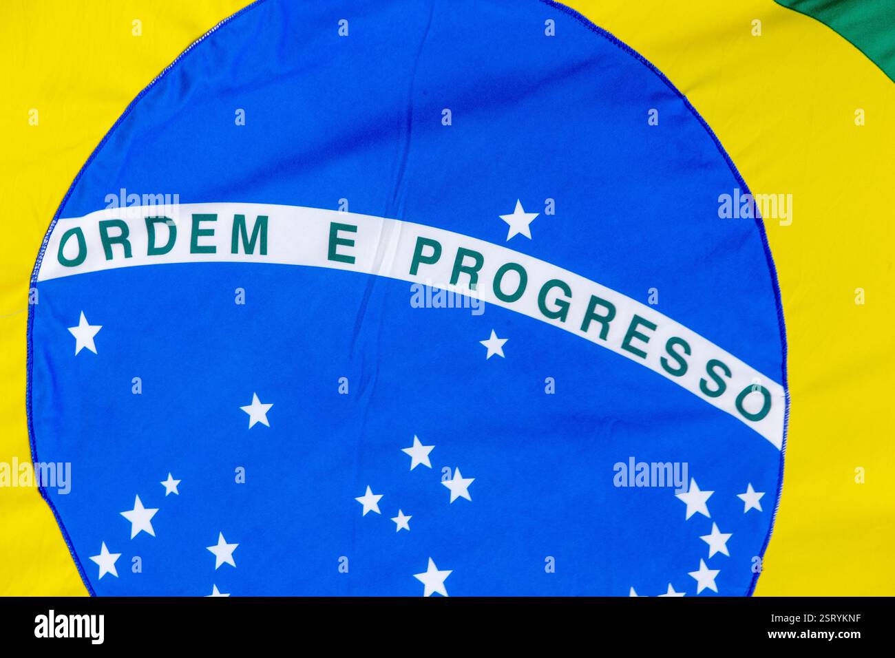 Detail of brazilian flag. Order and Progress write in portuguese Stock ...