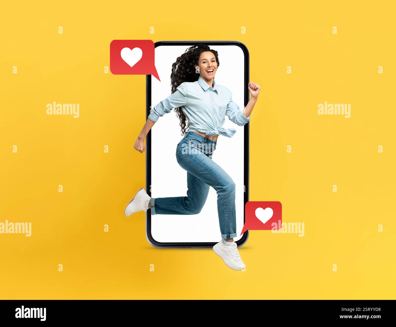 Dynamic woman interacting with smartphone in love-themed collage Stock ...