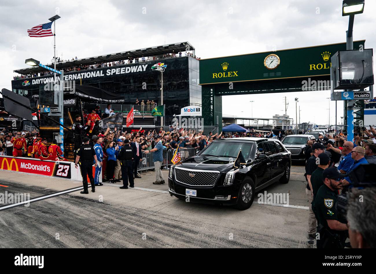 President Donald Trump arrives at the NASCAR Daytona 500 auto race at ...