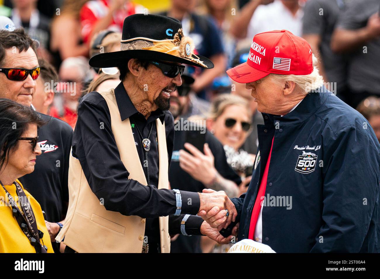 President Donald Trump greets Richard Petty at the NASCAR Daytona 500 ...