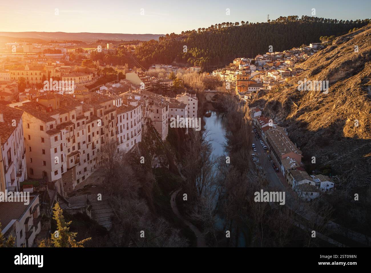 aerial view of historical district of Cuenca town, river and mountains ...