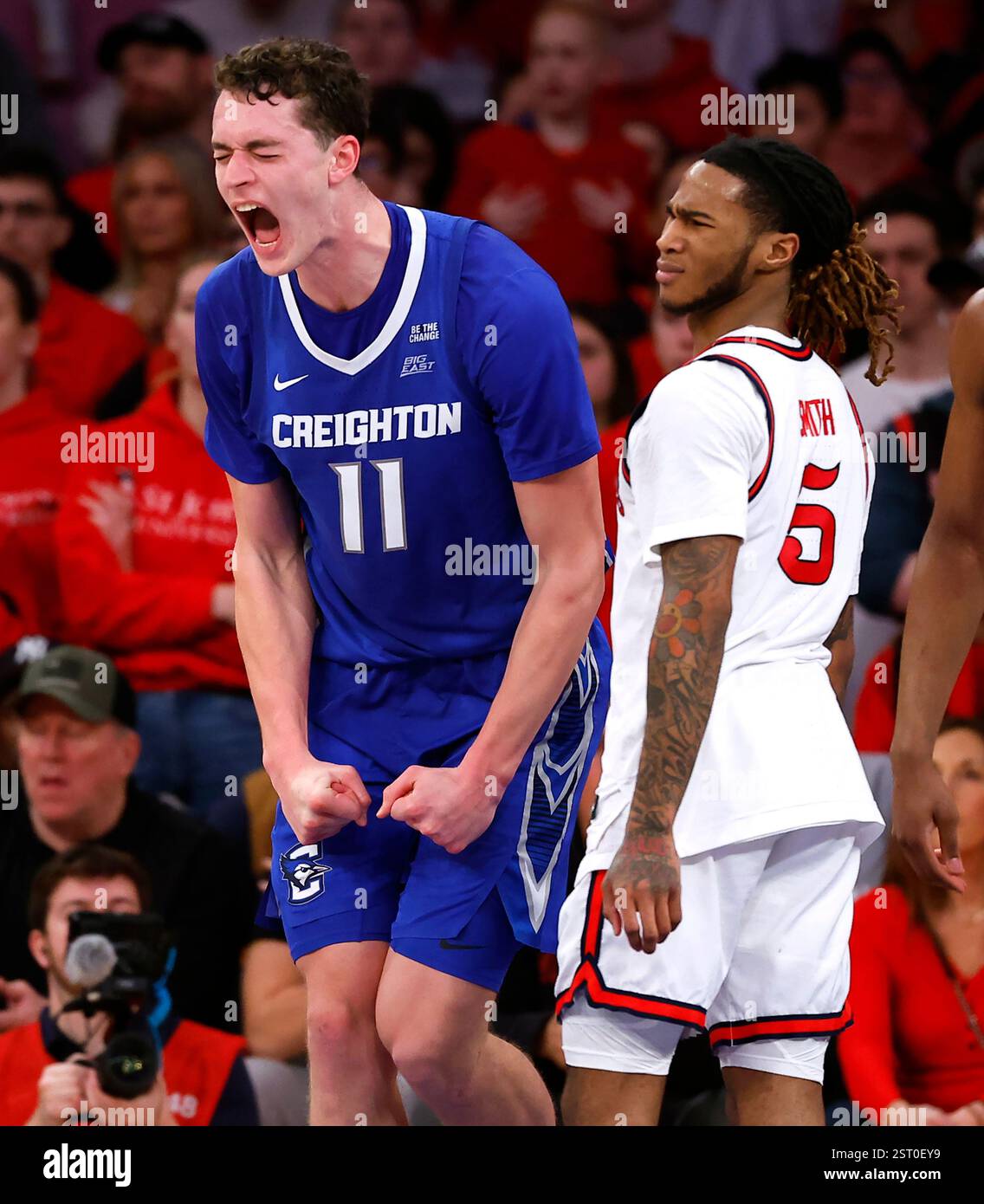 Creighton center Ryan Kalkbrenner (11) reacts after scoring against St ...