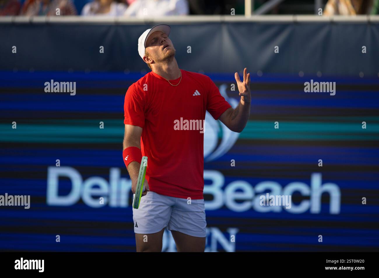 DELRAY BEACH, FLORIDA - FEBRUARY 16: Alejandro Davidovich Fokina of Spain reacts against Miomir ...