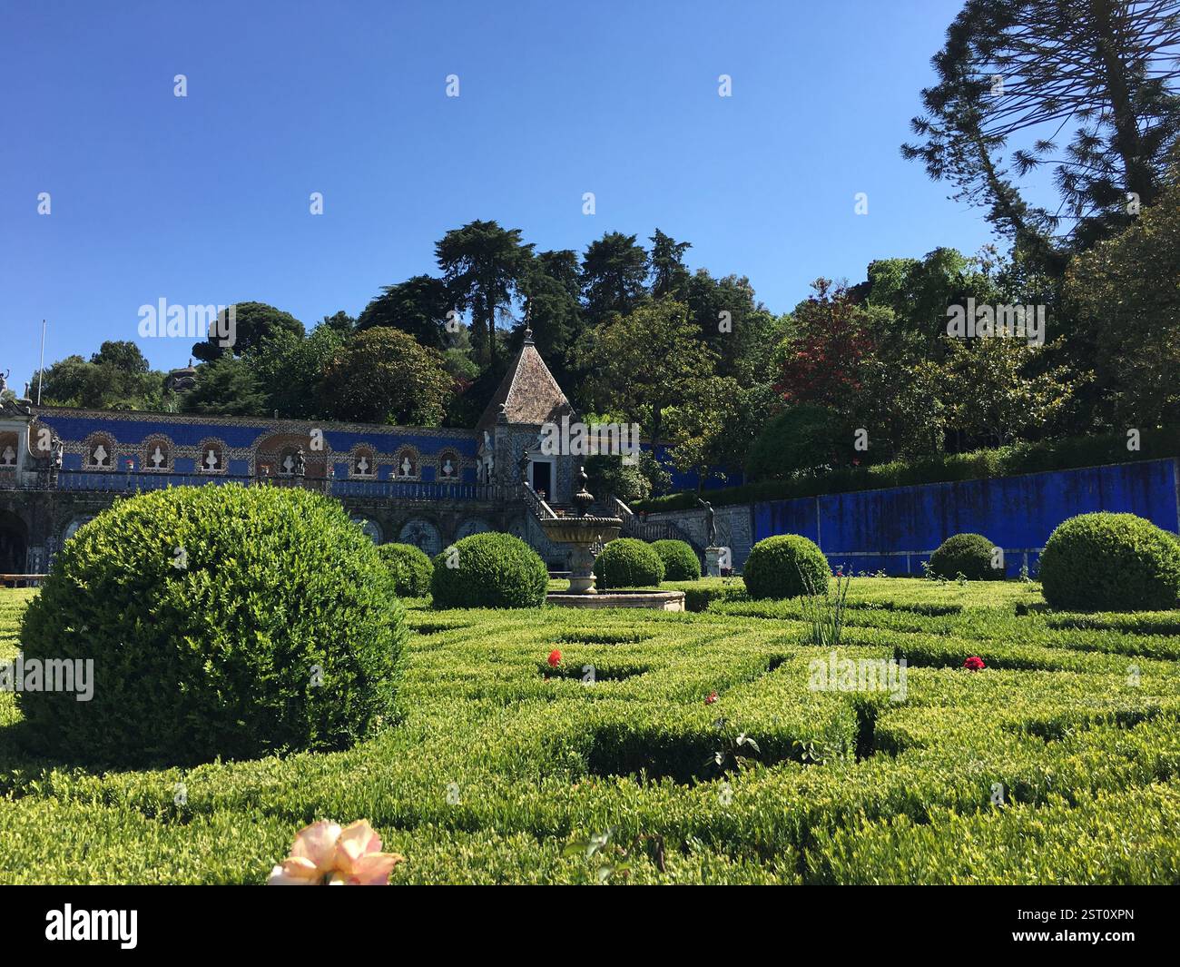 Palace Fronteira in Portugal. Formal gardens with manicured hedges and topiaries. Blue-tiled ...