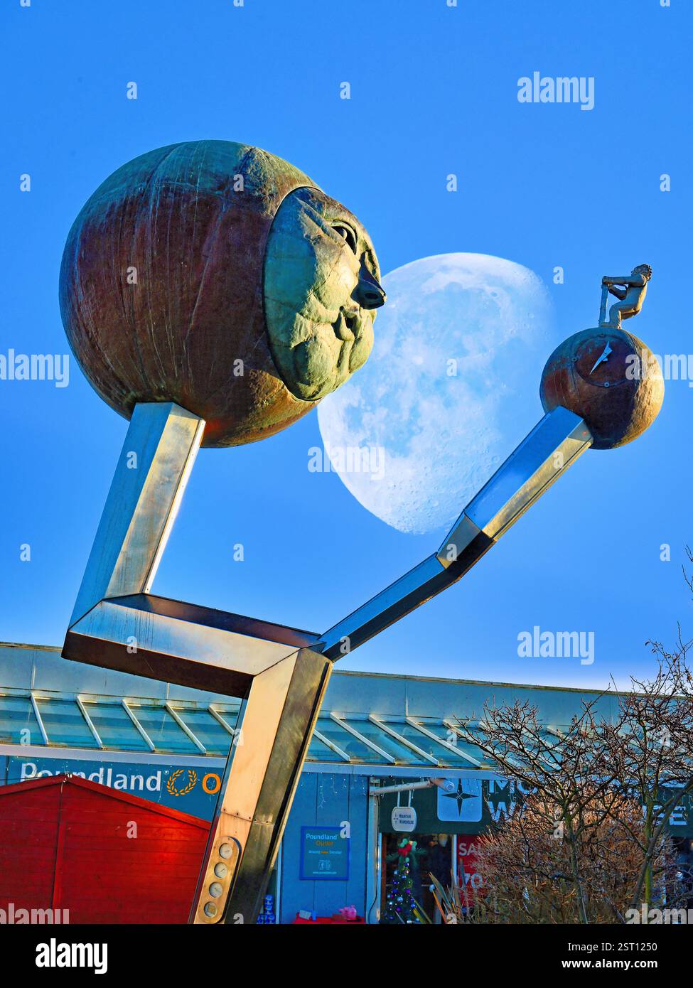 North Shields Royal Quays shopping centre wind blowing clock against ...