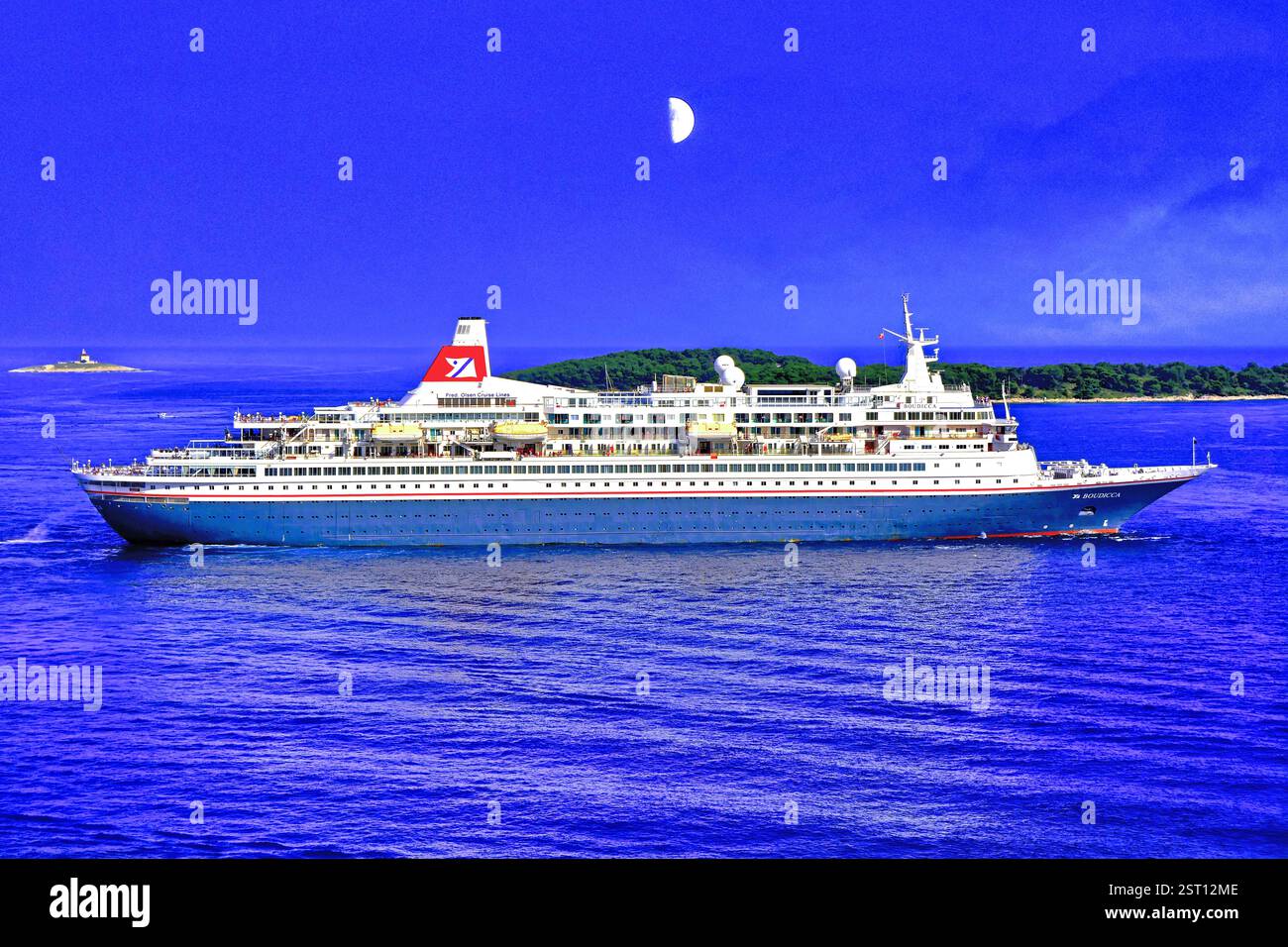 Fred Olsen cruise ship Boudicca at Hvar Croatia against deep blue sky ...