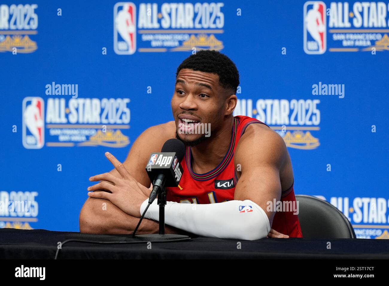 Milwaukee Bucks center Giannis Antetokounmpo speaks during a press ...