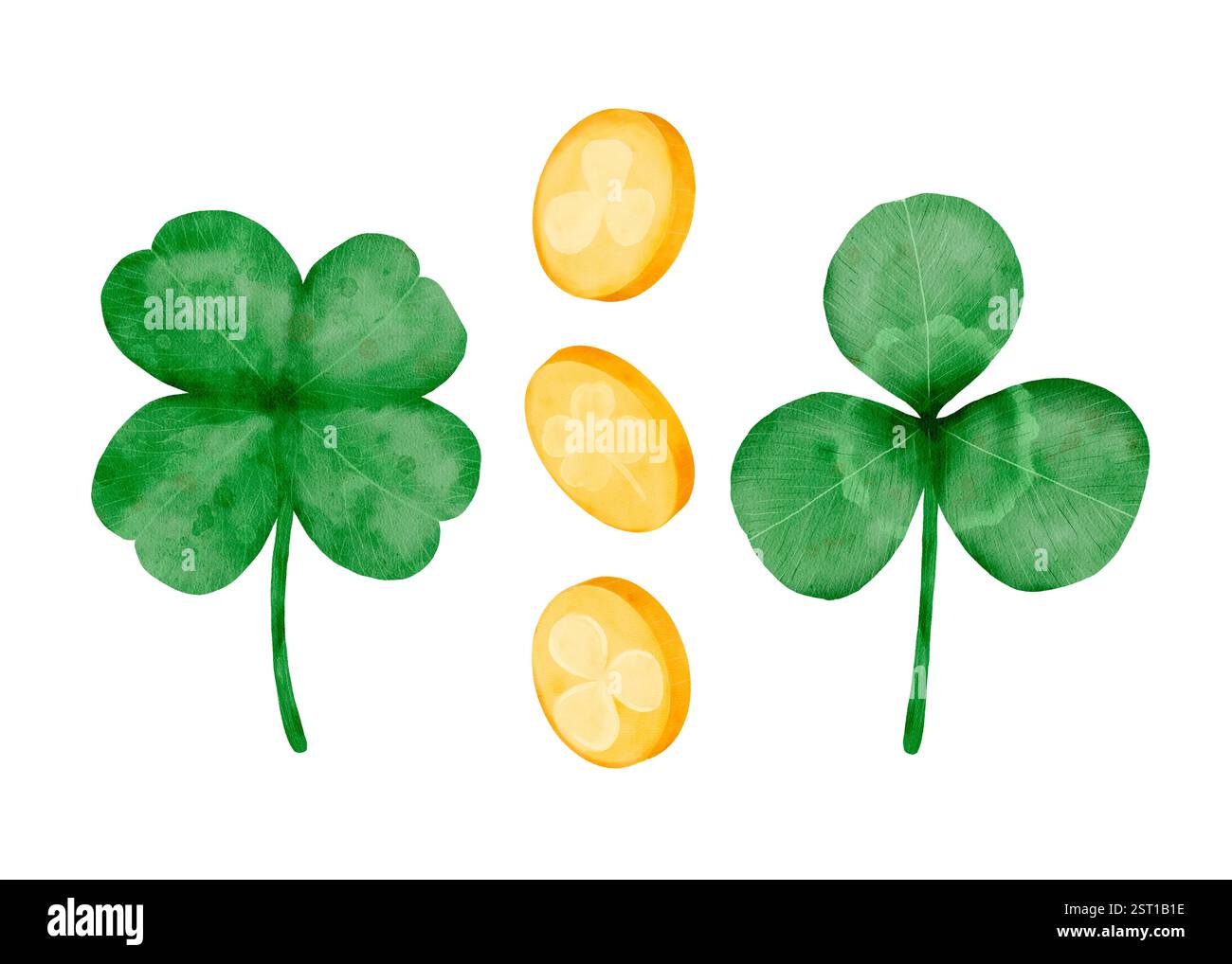 Gorgeous watercolor clovers and shimmering gold coins, representing ...