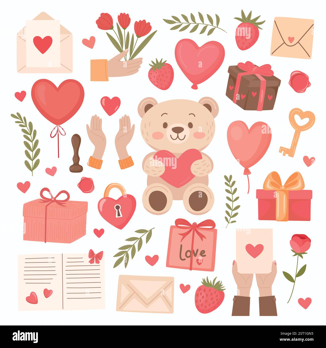 Flat Cartoon Vector Romantic Valentines Day Clipart Set. Cute Teddy Bear, Love Letter, Heart ...