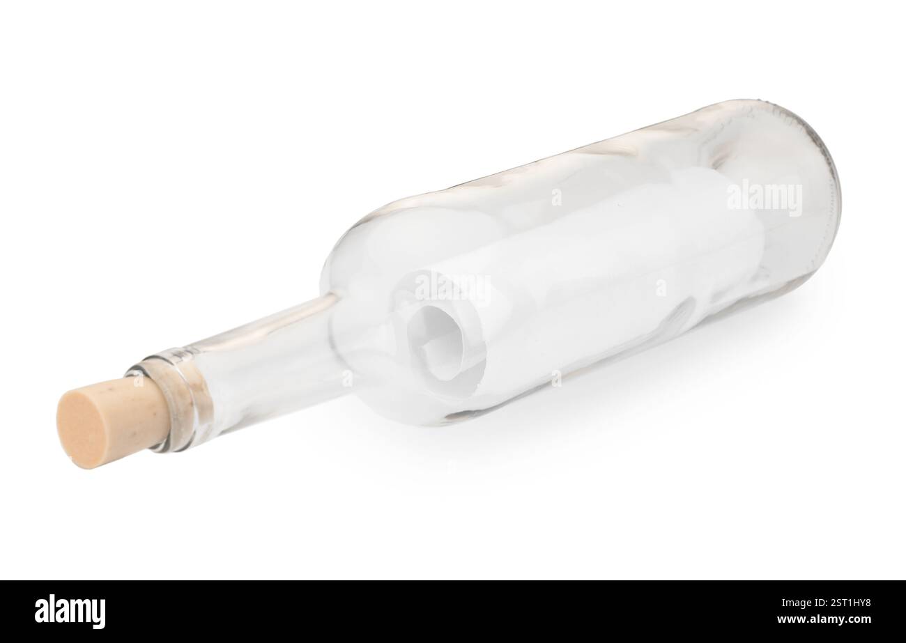Corked glass bottle with rolled letter in air isolated on white Stock ...