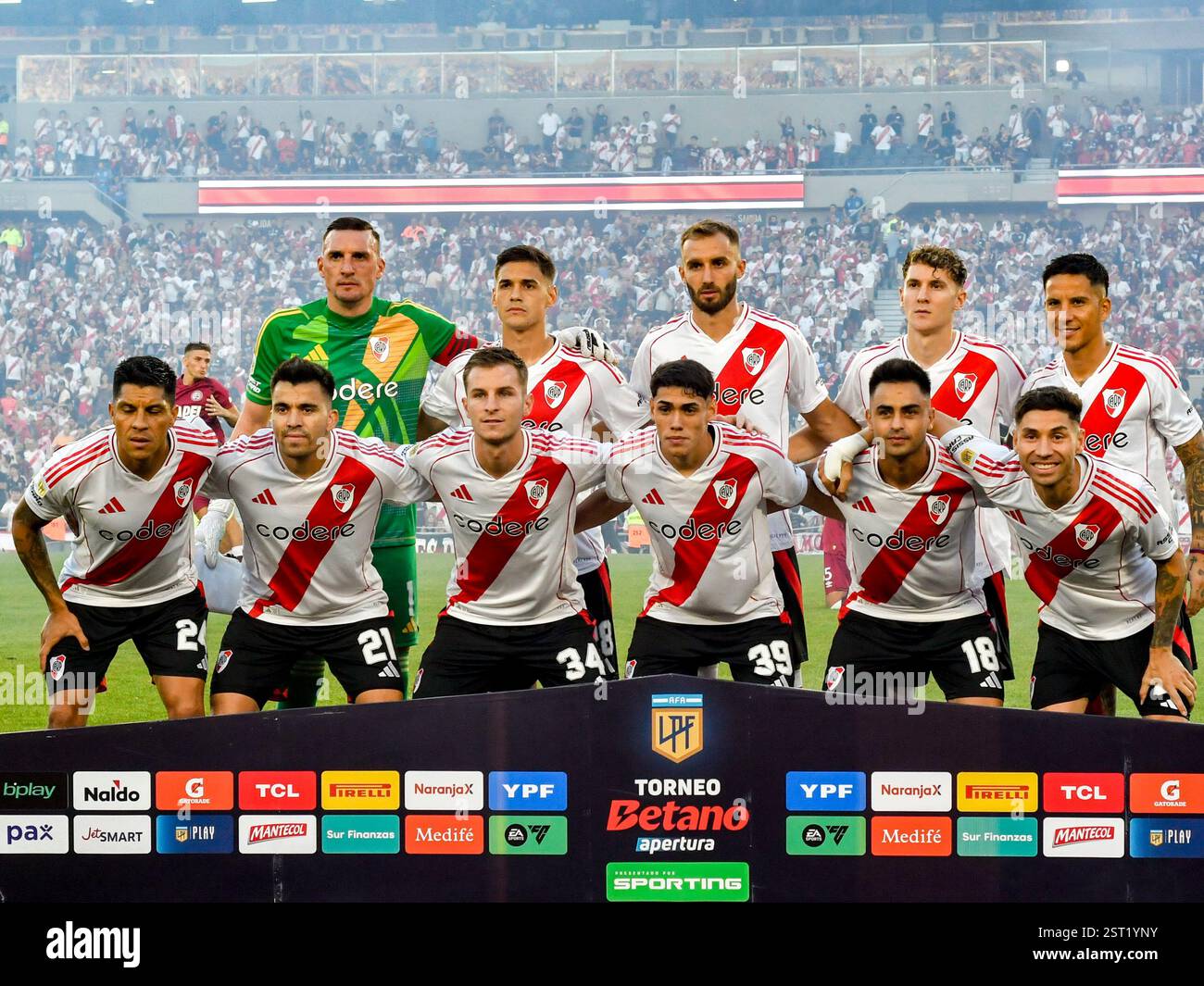 Buenos Aires, Argentina. February 16, 2025. River Plate team formation in the match between ...