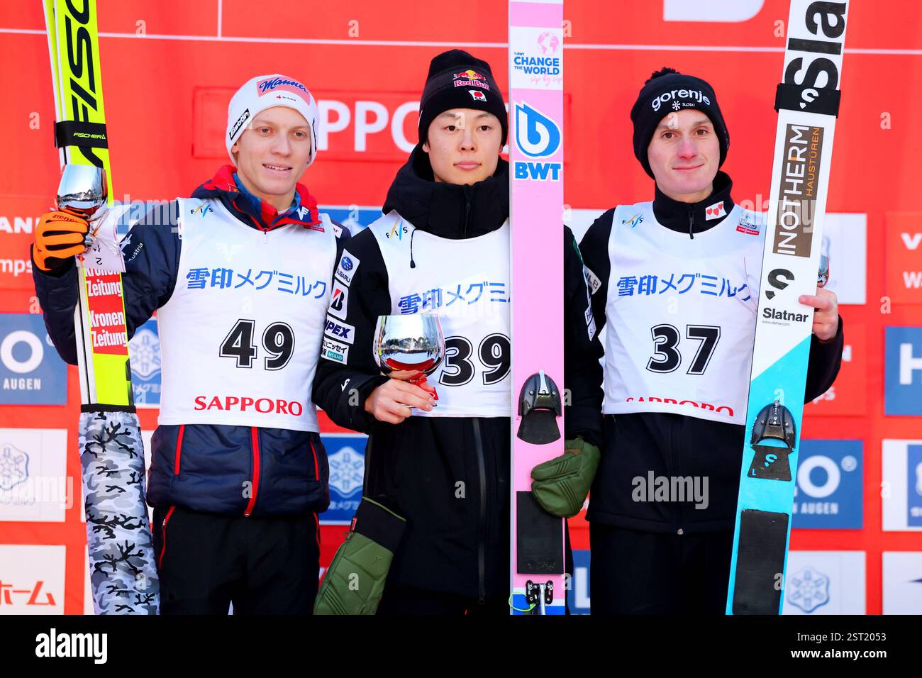 Sapporo, Hokkaido, Japan. 15th Feb, 2025. (L-R) Jan Hoerl (AUT), Ryoyu ...